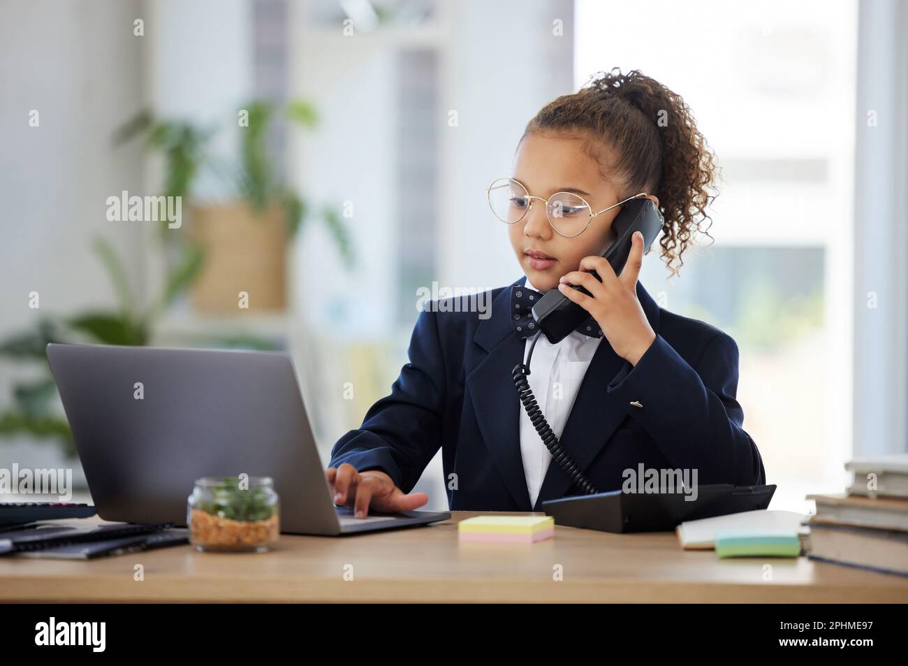 Kids, telephone and a girl playing in an office as a fantasy ...