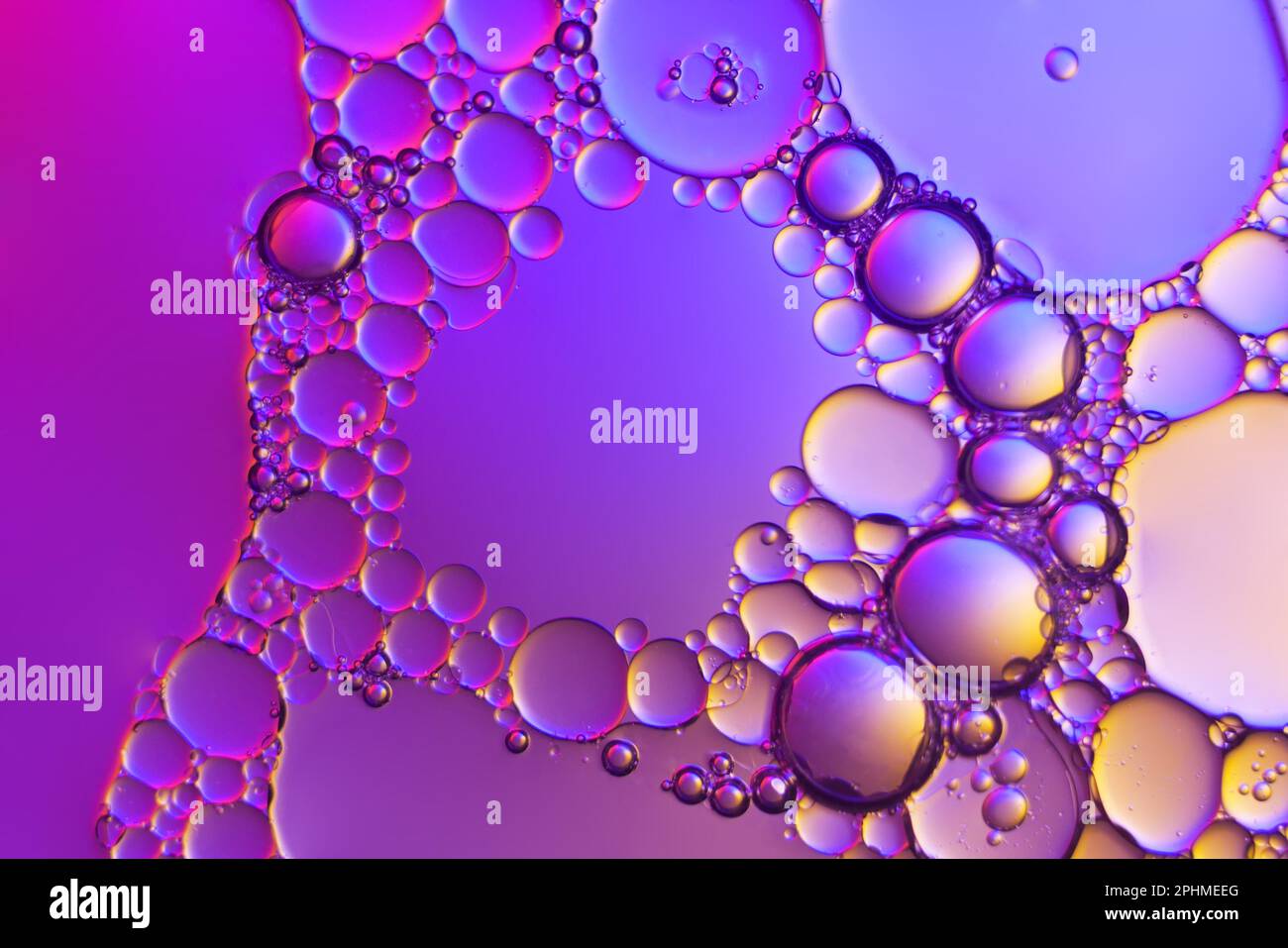 Top view movement of oil bubbles in the liquid. Oil surface ...