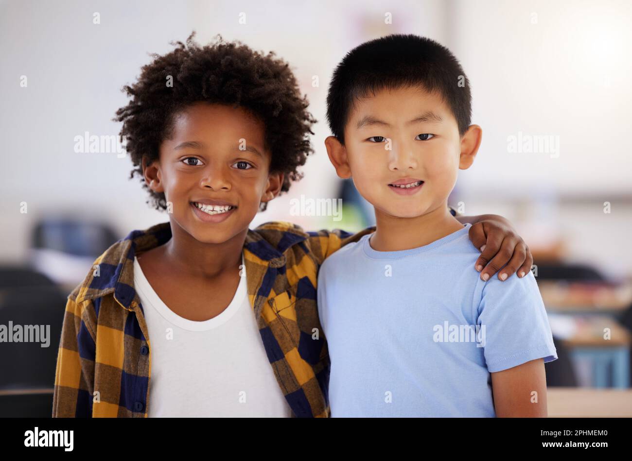 Education, portrait or boy children in classroom learning or studying ...