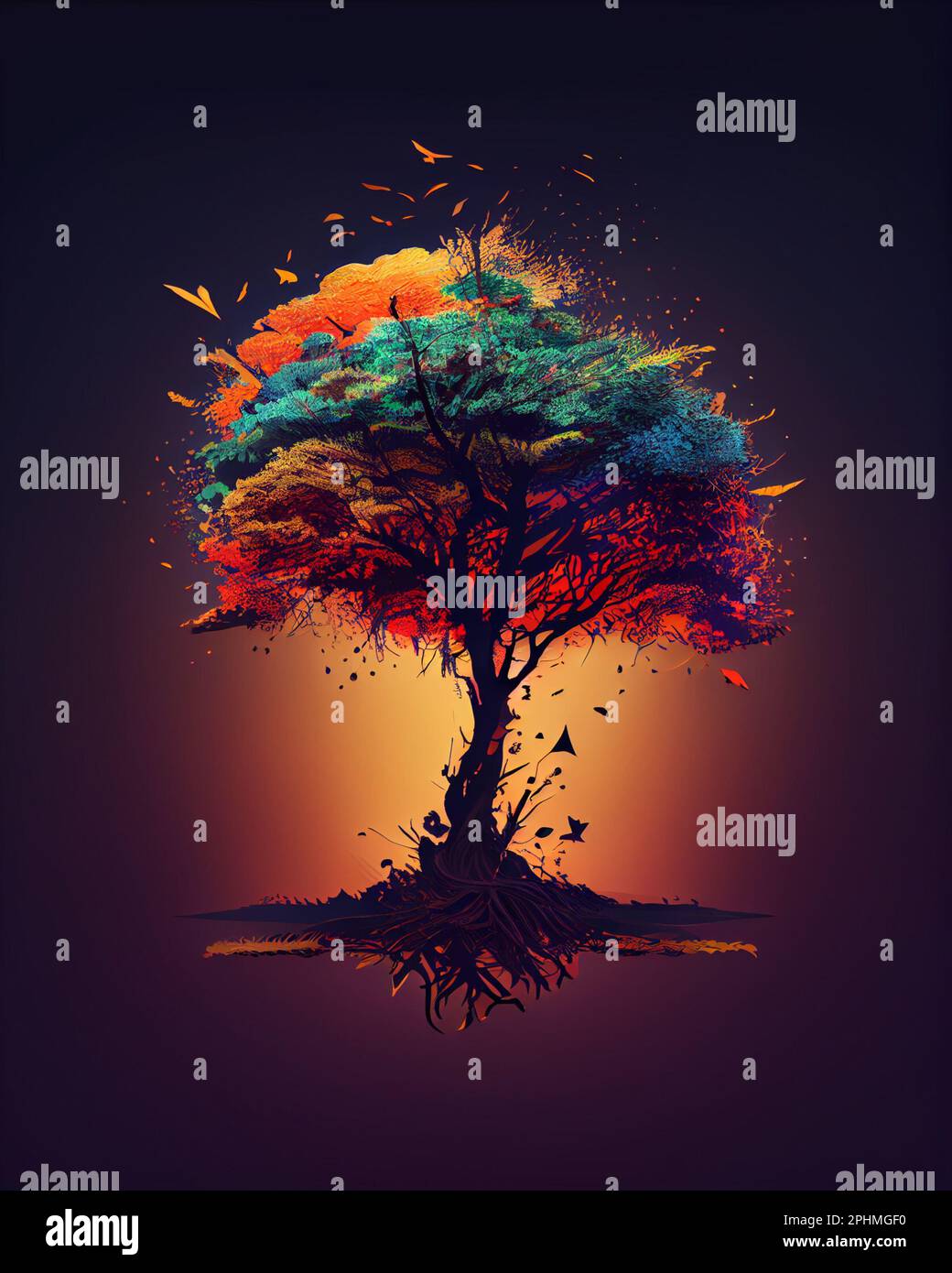 A mesmerizing, multi-colored tree with a vibrant rainbow-hued canopy ...