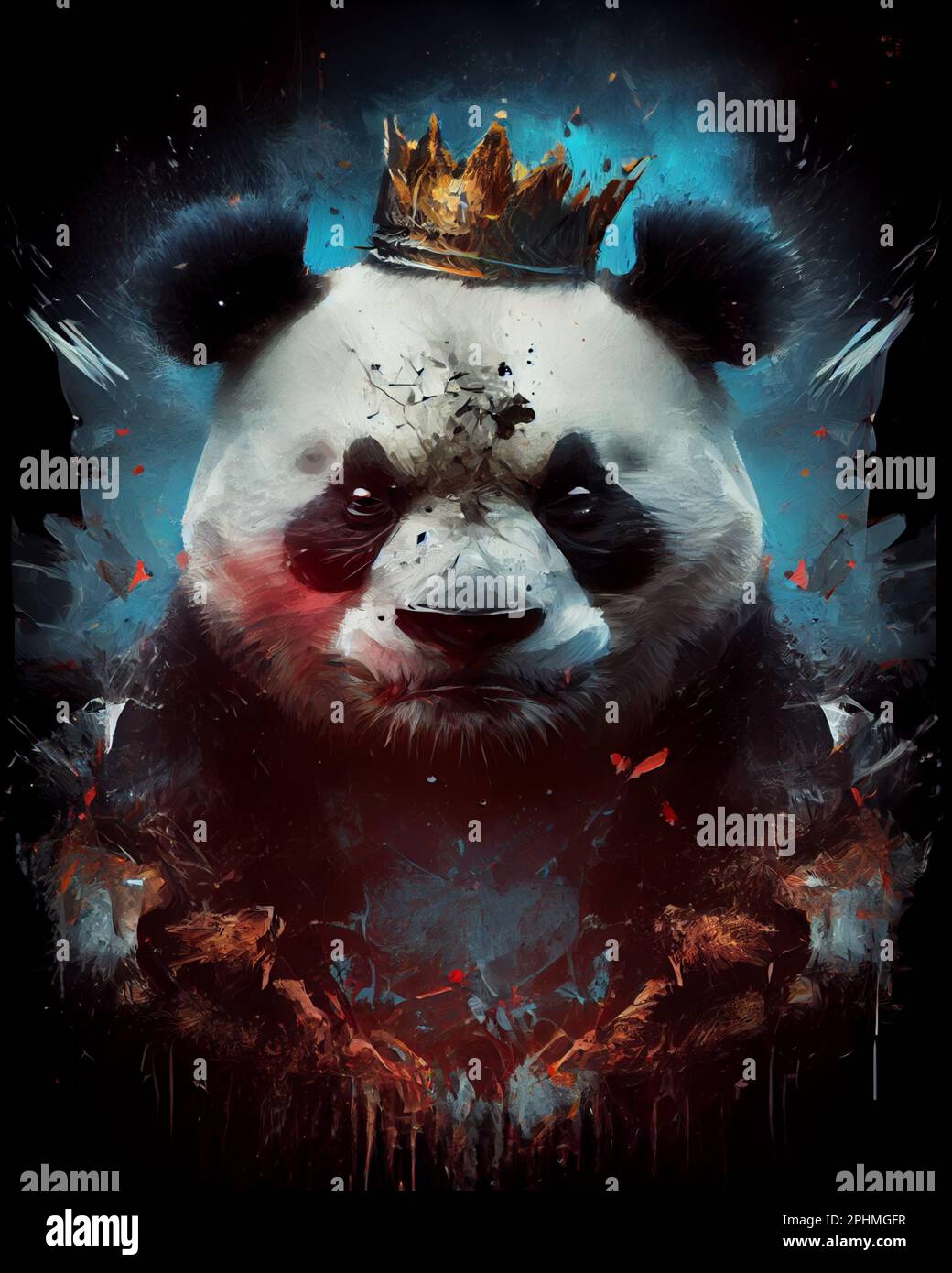 A black and white panda bear wearing a golden crown is standing in a ...