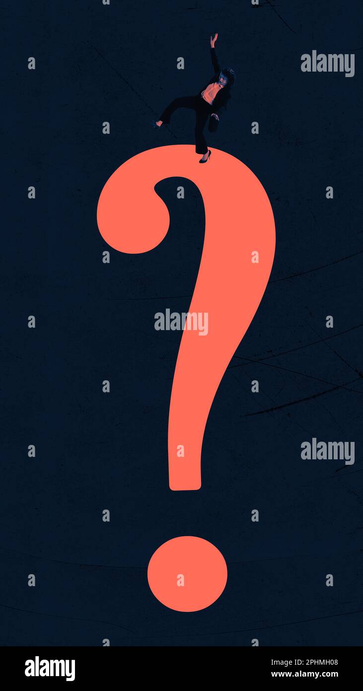 Businesswoman standing on giant question mark icon and falling down ...