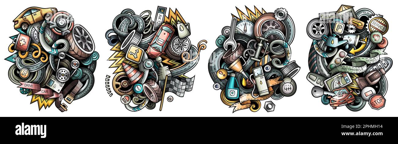 Auto service cartoon vector doodle designs set. Colorful detailed ...