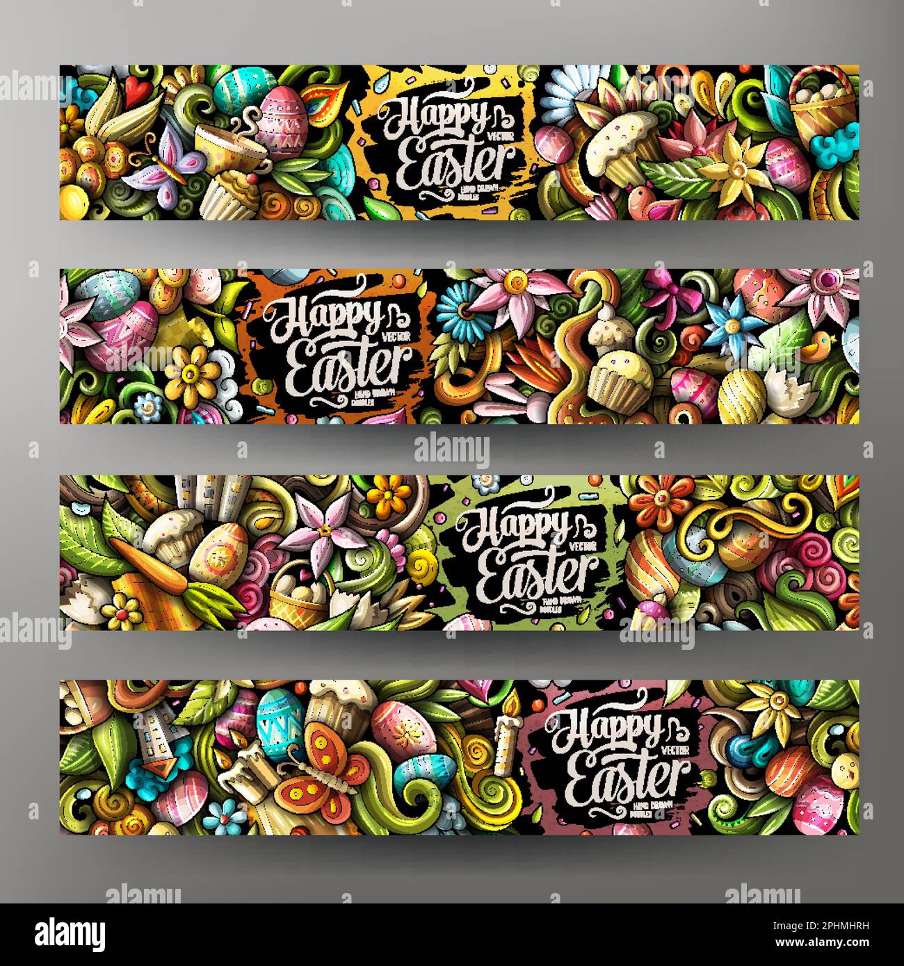 Cartoon cute colorful vector doodles Happy Easter corporate identity. 4 ...