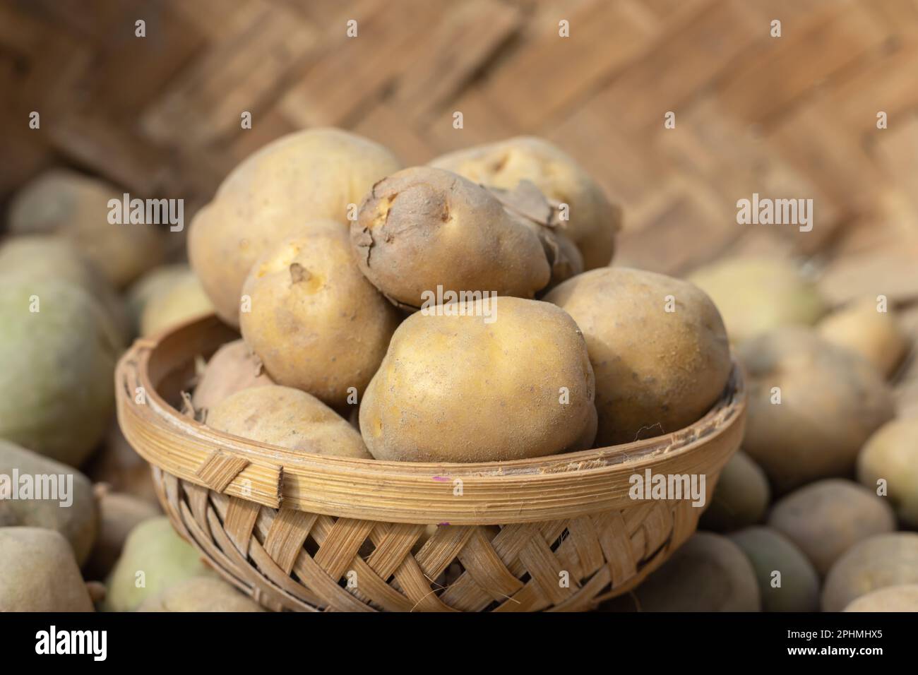 fresh potatoes from farm in bamboo bowl from top angle at day Stock ...