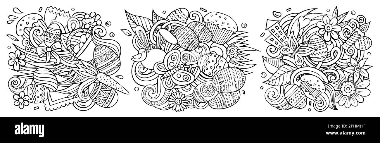 Happy Easter cartoon vector doodle designs set. Line art detailed ...