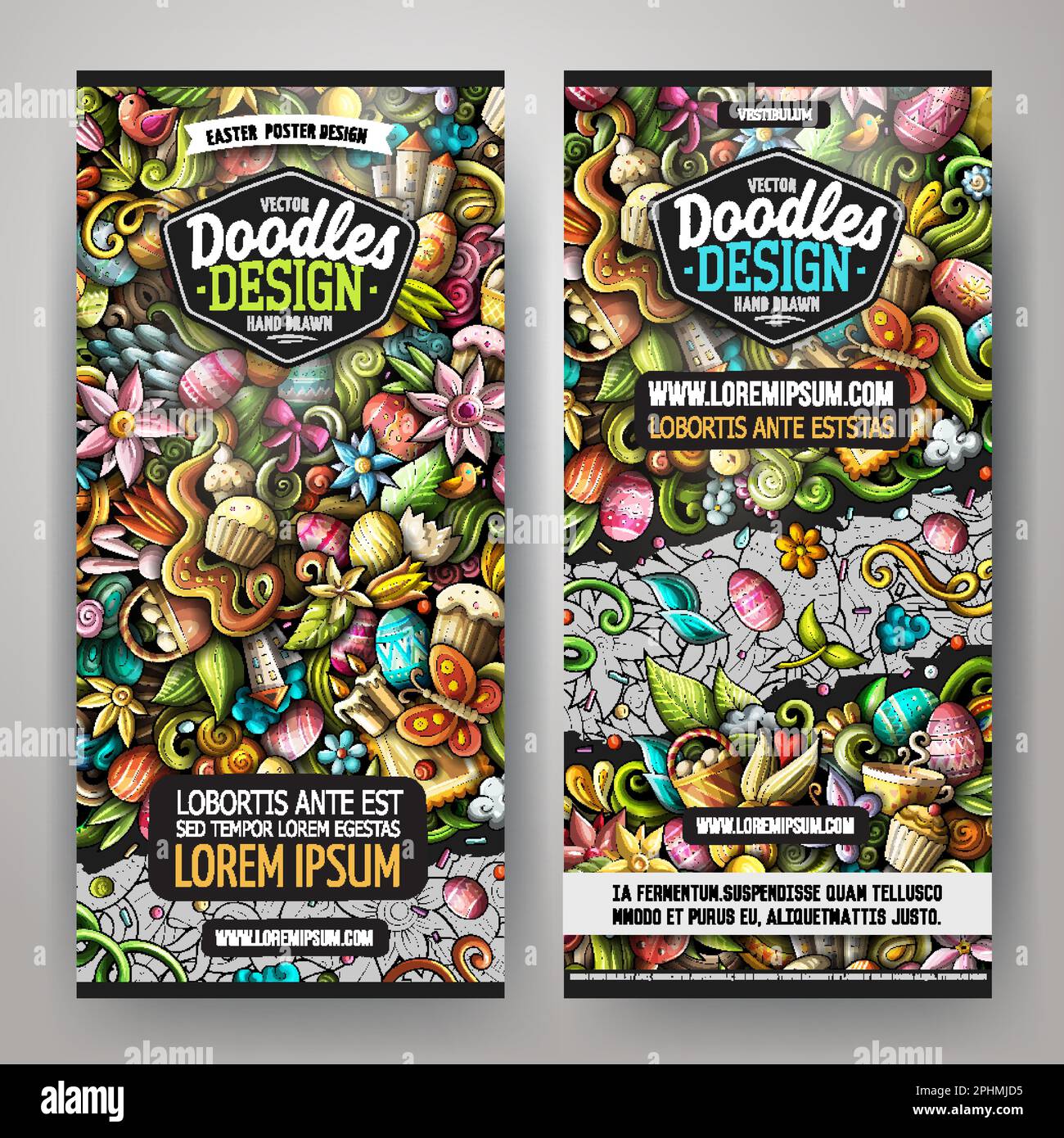 Cartoon cute colorful vector doodles Happy Easter corporate identity. 2 ...