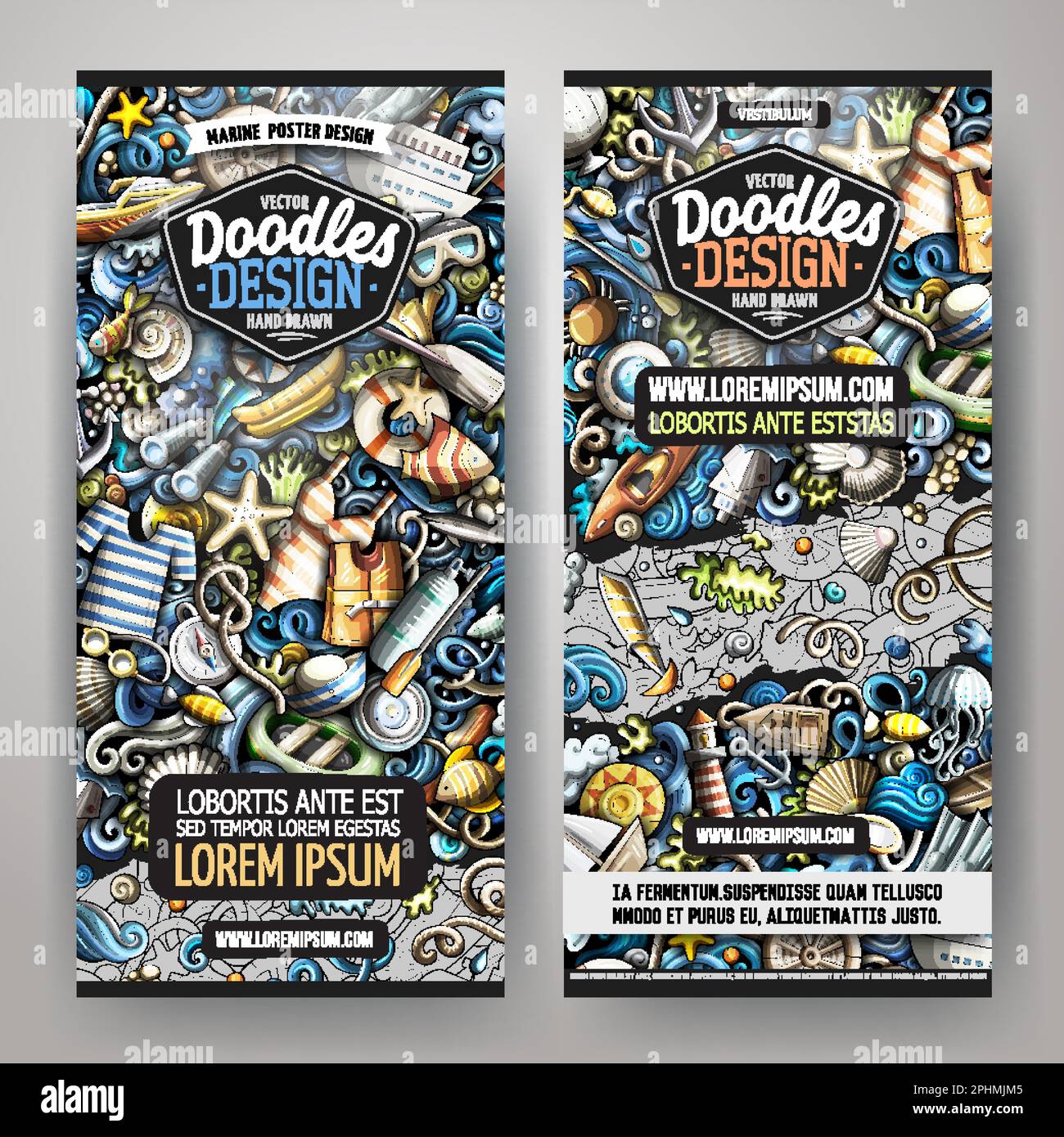 Cartoon vector doodle set of Marine banners templates. Corporate ...