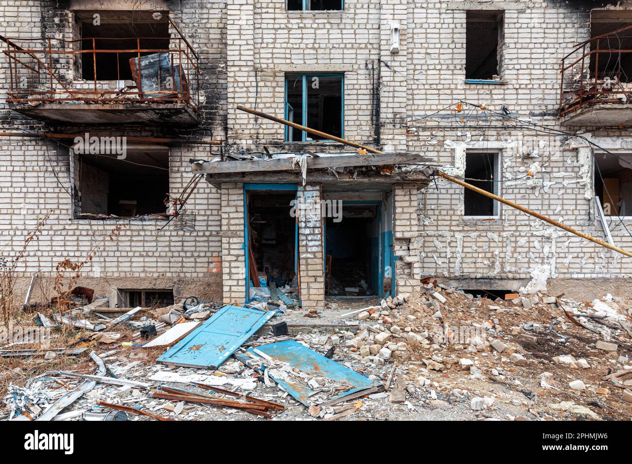 View of an apartment block destroyed in an explosion caused by rocket ...