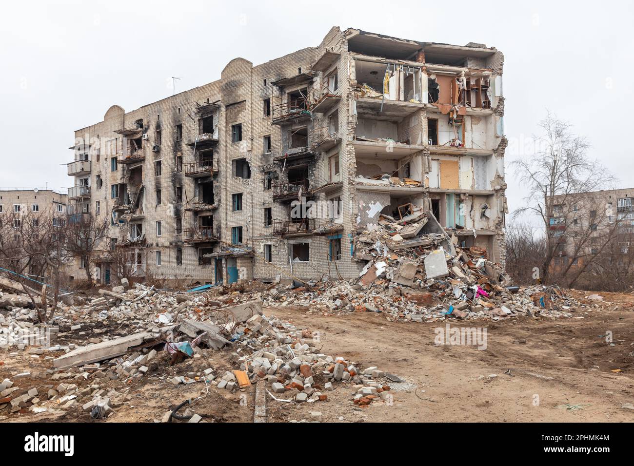 View of an apartment block destroyed in an explosion caused by rocket ...