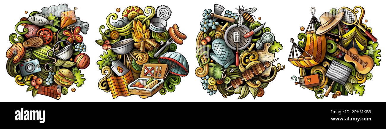 Picnic cartoon vector doodle designs set. Colorful detailed ...