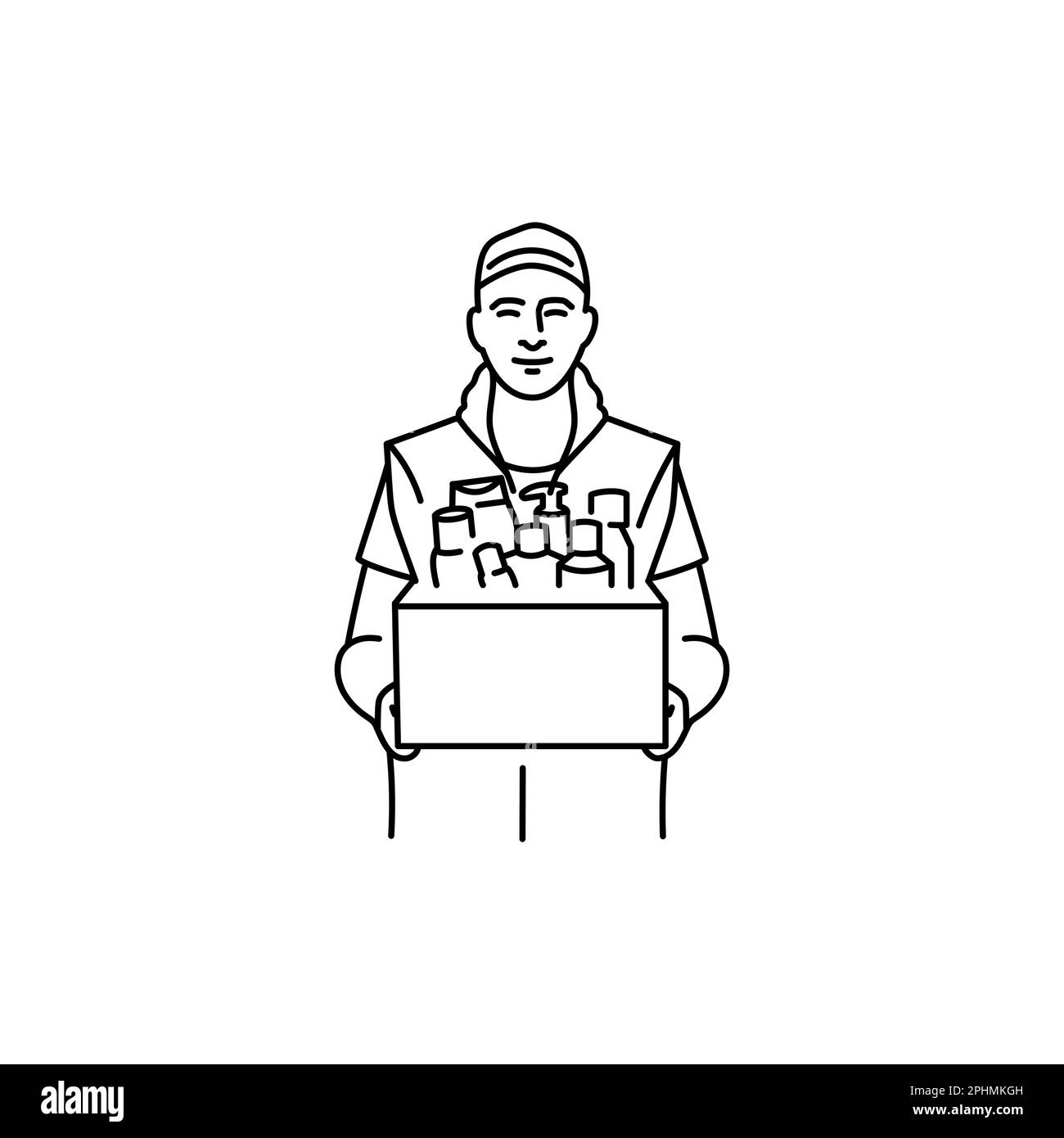 Courier with cardboard box with cosmetics black line icon. Delivery ...