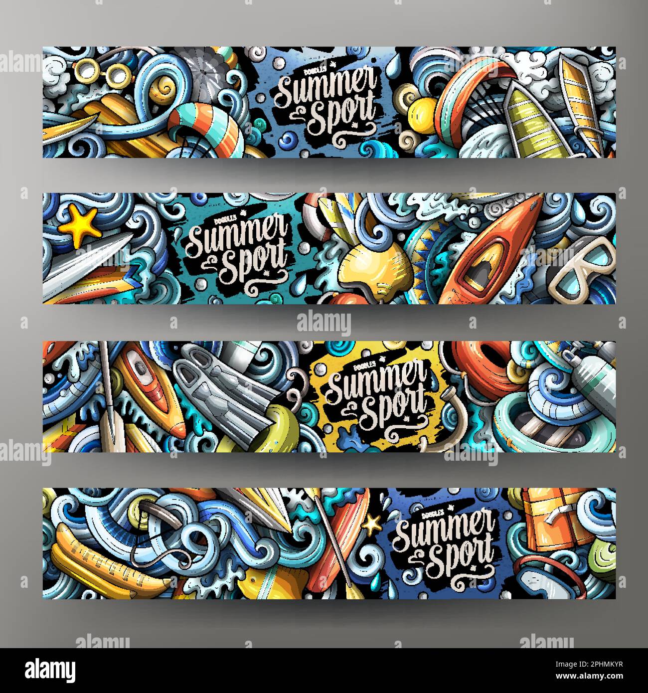 Cartoon cute colorful vector doodles Water Sports corporate identity. 4 ...