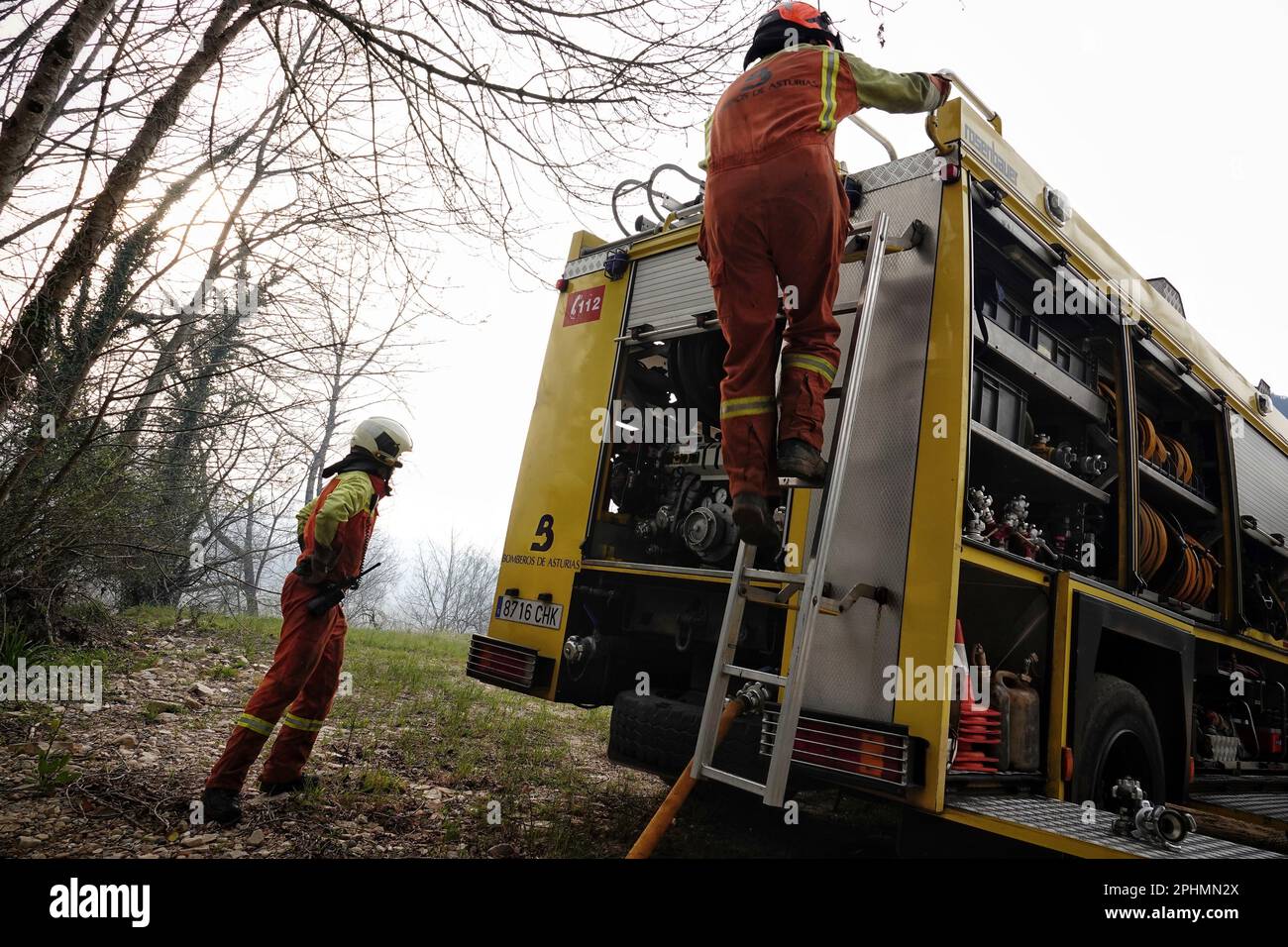 Firefighters of Asturias work in the extinction of a forest fire, on ...