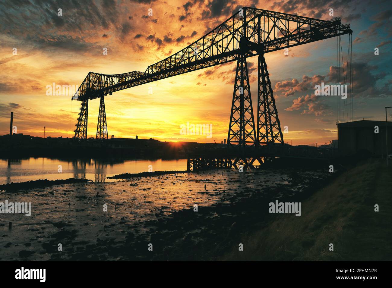 Middlesbrough Transporter Bridge in a golden sunset on the river Tees ...