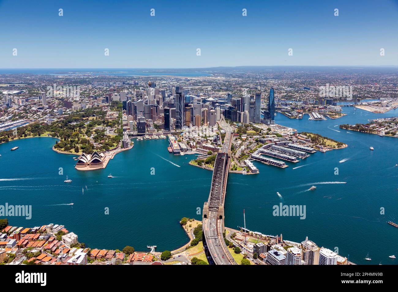 Aerial view of the Sydney skyline, featuring the iconic Sydney Harbour ...