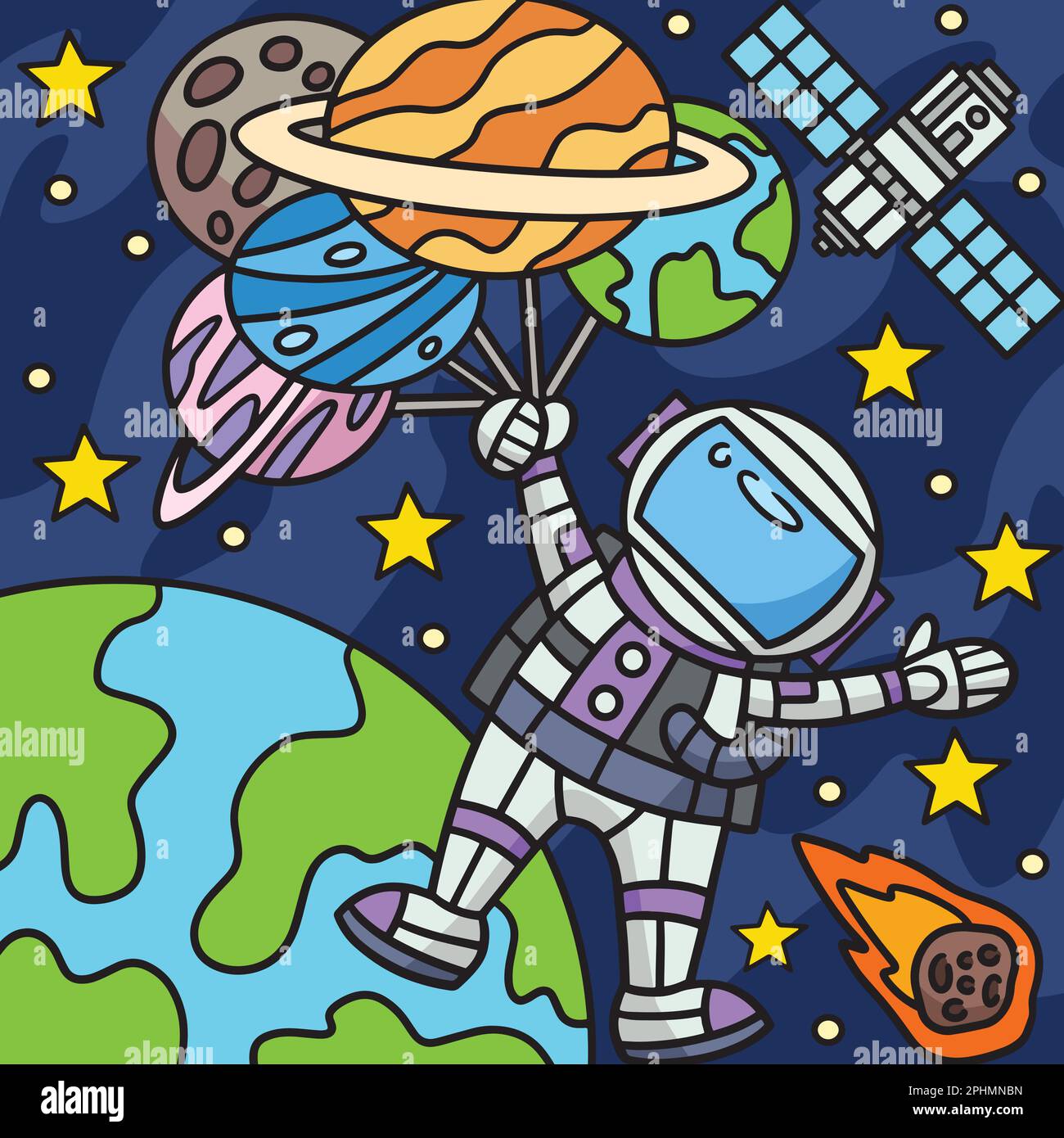 Astronaut Holding Balloon Planet Colored Cartoon Stock Vector Image ...