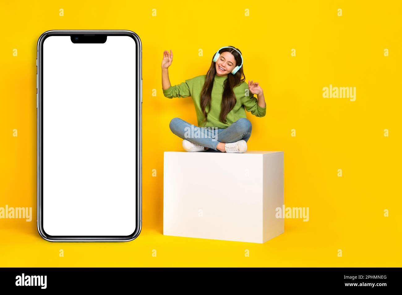 Full length photo of young girl have fun listen radio sound headphones ...