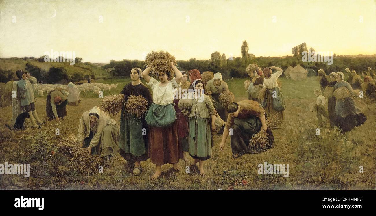 Jules Breton painting, Calling in the Gleaners, oil on canvas, 1859 ...