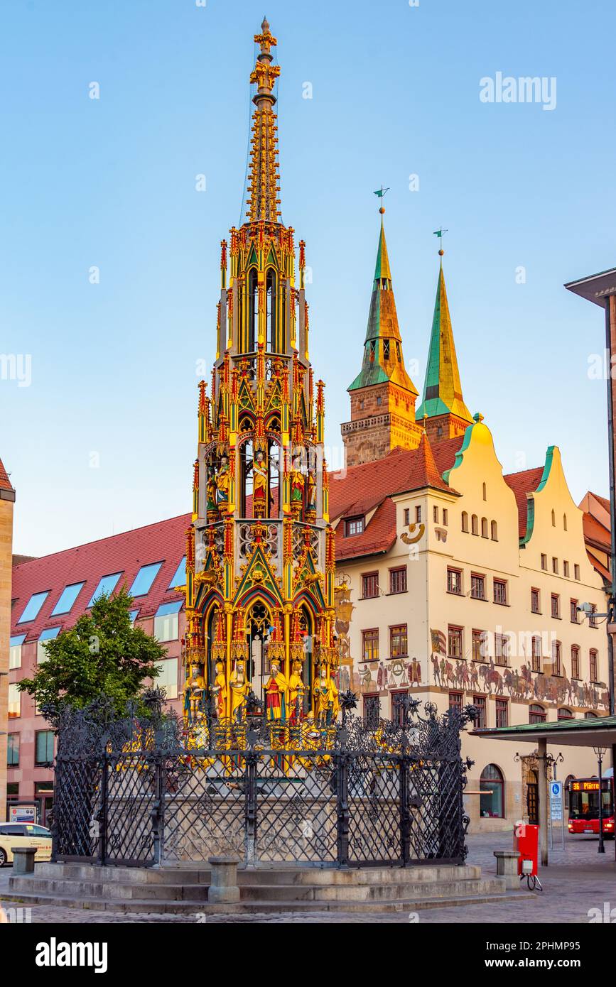 Schöner Brunnen in German town Nürnberg during sunrise Stock Photo - Alamy