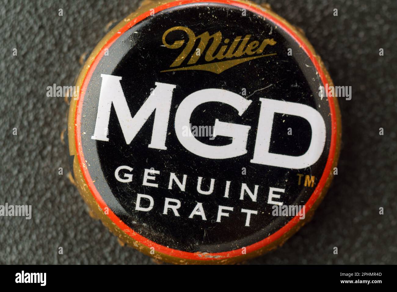 Tyumen, Russia-February 15, 2023: Old, retro in bottle cap, MGD is actually made from the same ...