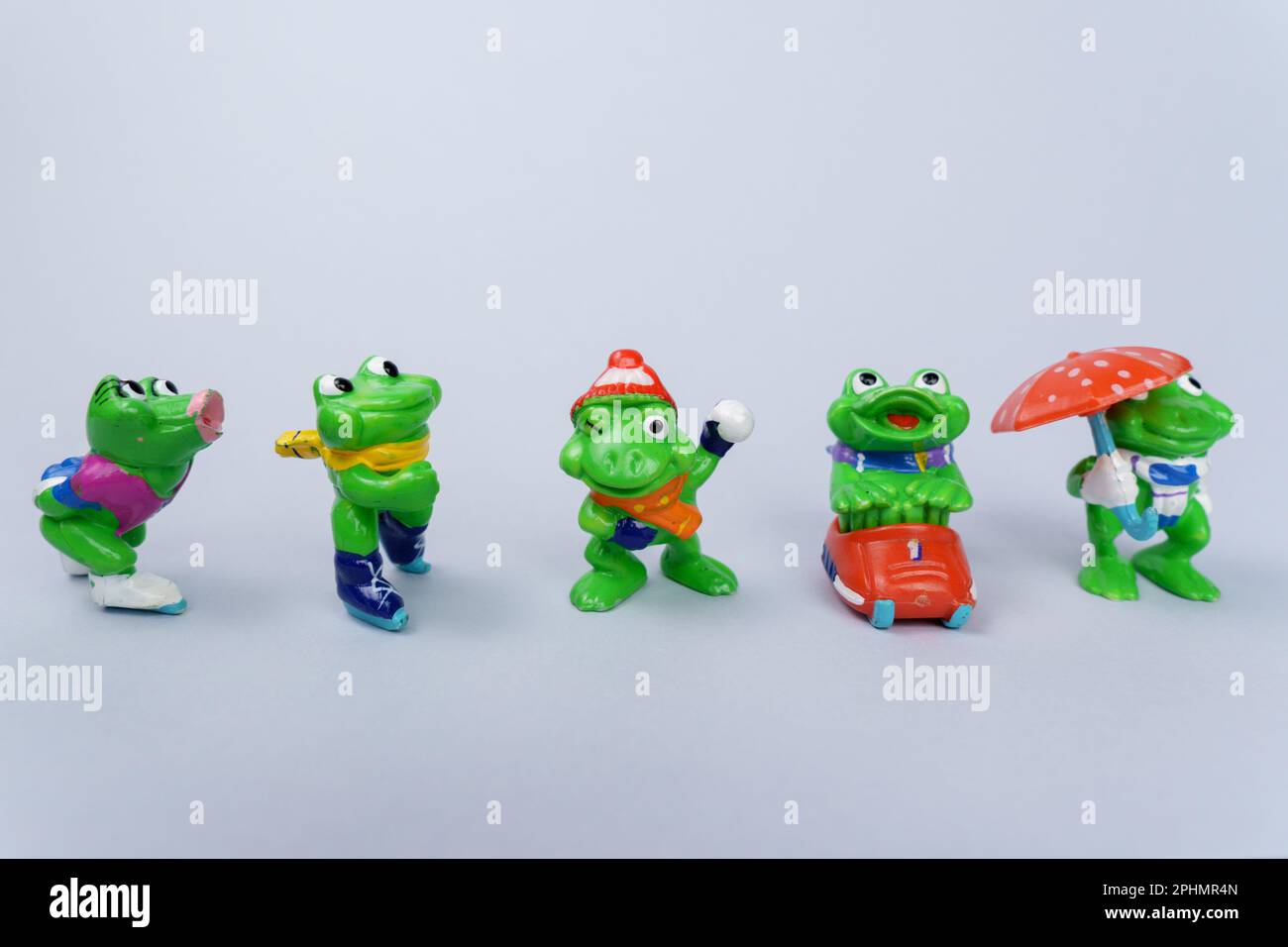 Tyumen, Russia-February 15, 2023: Kinder surprise toy frogs. Collection ...