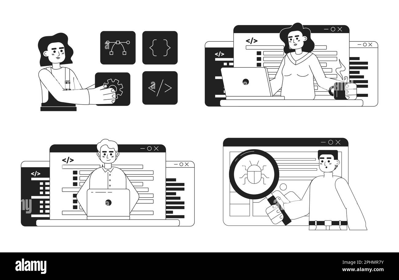 Web development process black and white concept vector spot ...