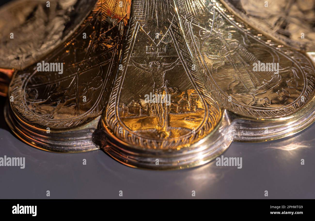 A detail of the 1630s recusant chalice with depictions of the Stations ...