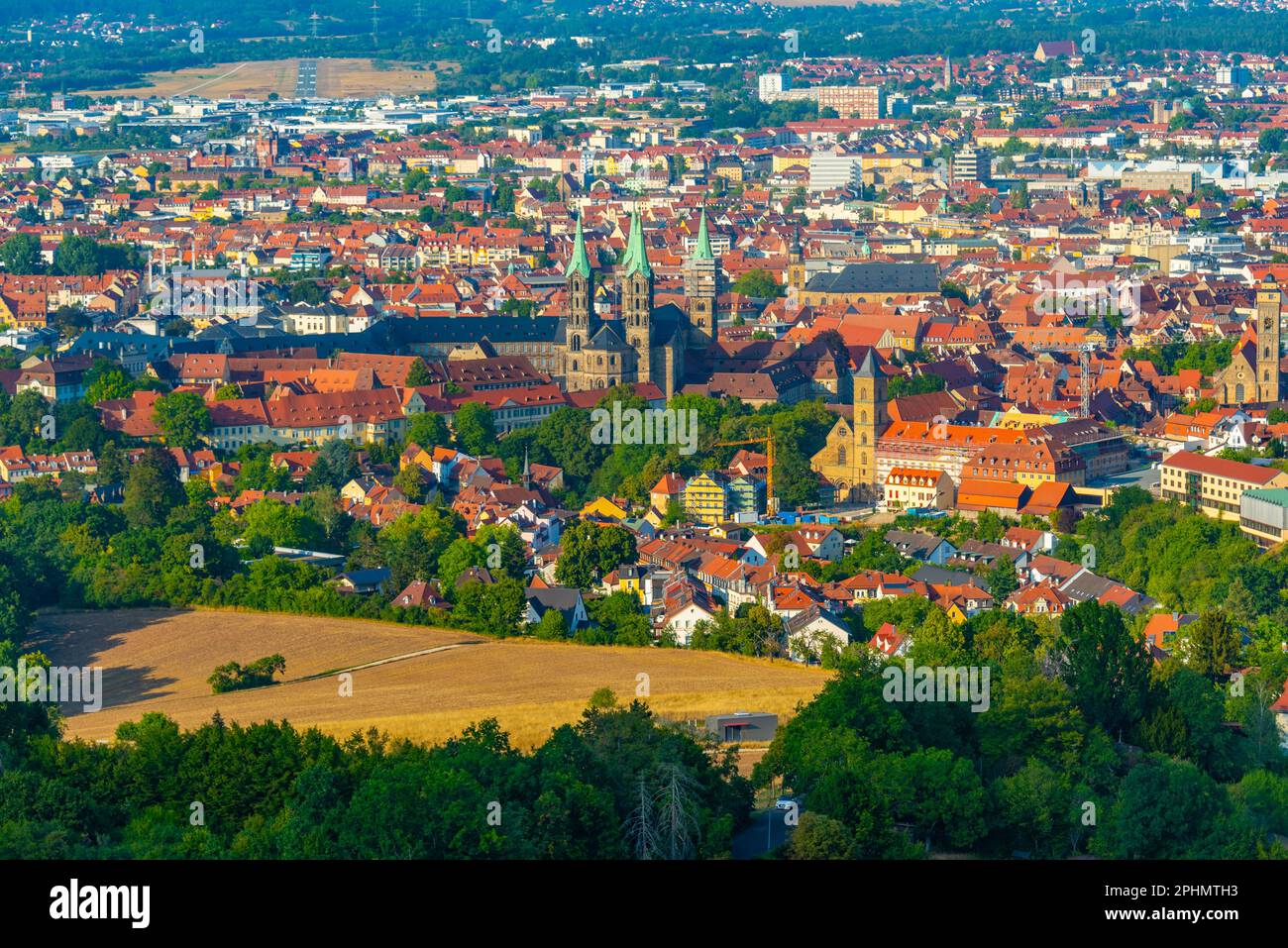 Panorama view of German town Bamberg with four spires of the cathedral ...