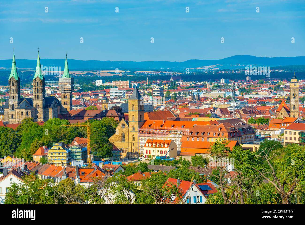 Panorama view of German town Bamberg with four spires of the cathedral ...