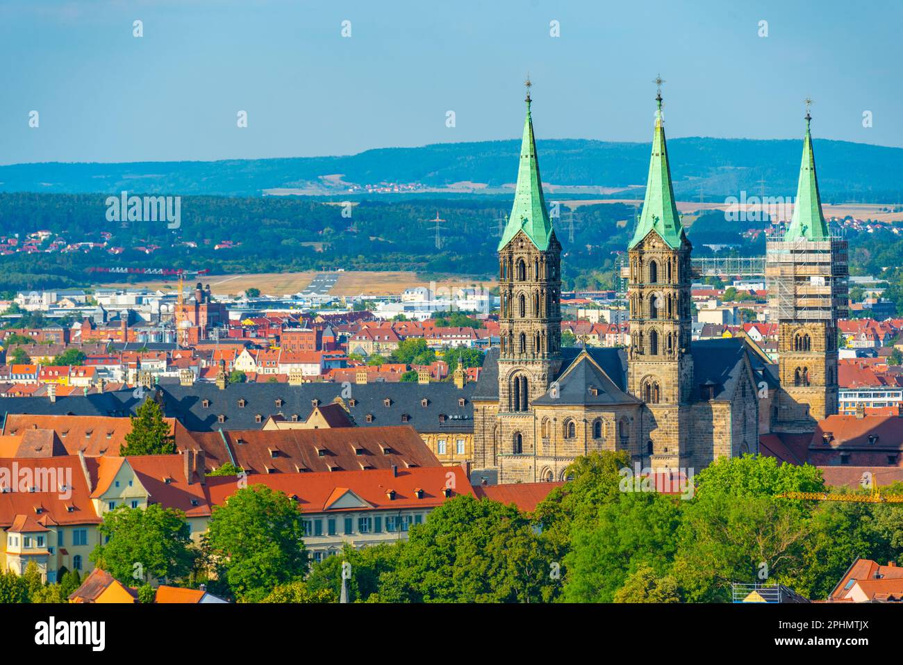 Panorama view of German town Bamberg with four spires of the cathedral ...