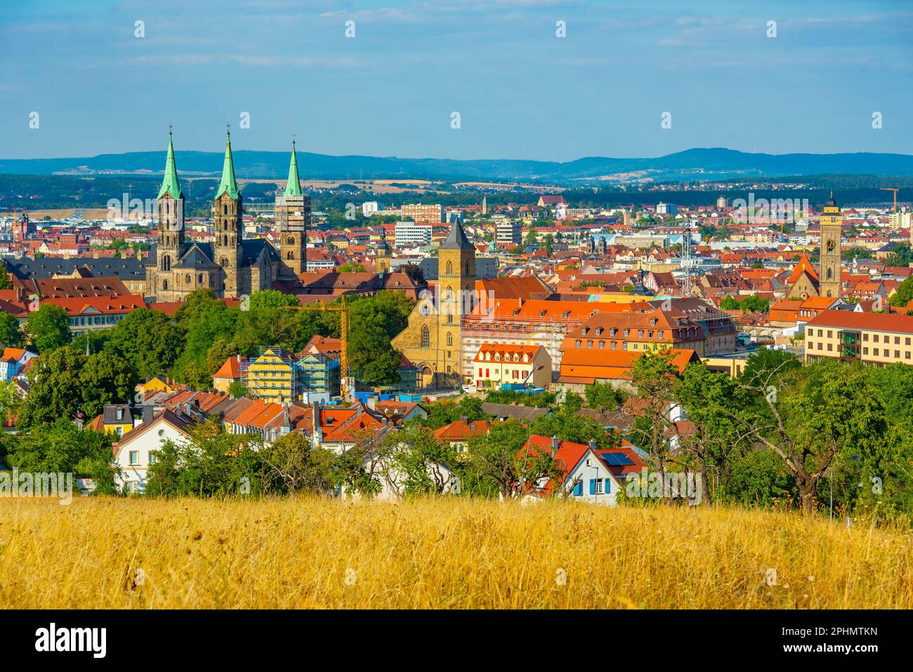 Panorama view of German town Bamberg with four spires of the cathedral ...