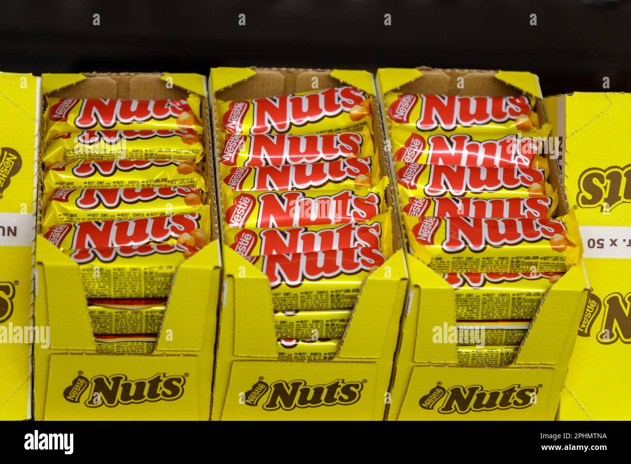 Tyumen, Russia-March 22, 2023: Nuts chocolate bars sweet food on the ...