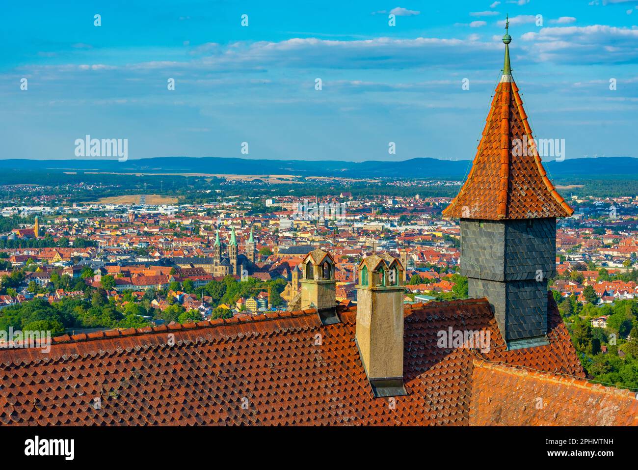 Panorama view of German town Bamberg with four spires of the cathedral ...