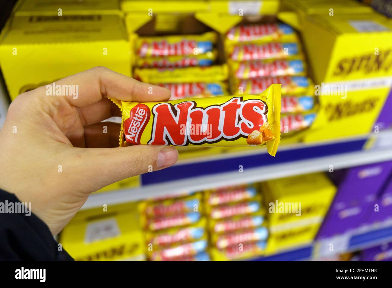 Tyumen, Russia-March 22, 2023: Nuts chocolate bars sweet food on the ...