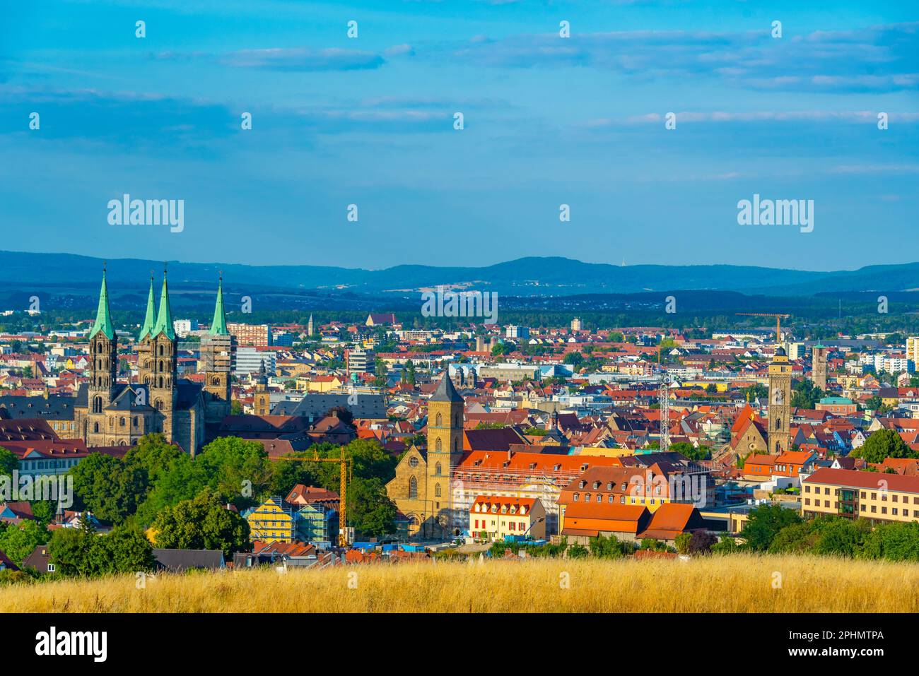 Panorama view of German town Bamberg with four spires of the cathedral ...
