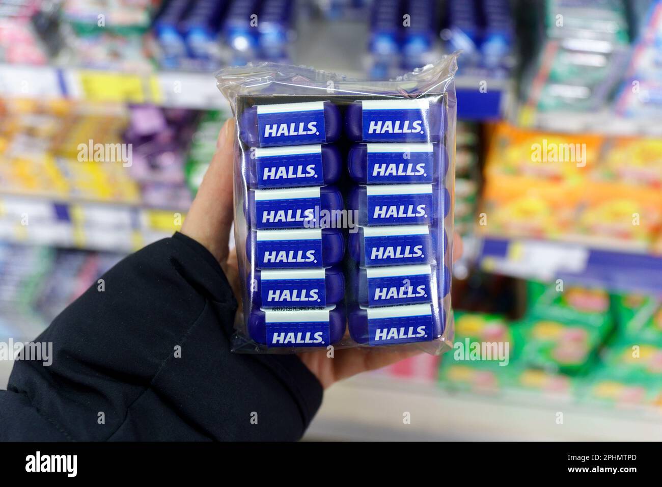 Tyumen, Russia-March 17, 2023: Halls mint candy displayed on shelves ...