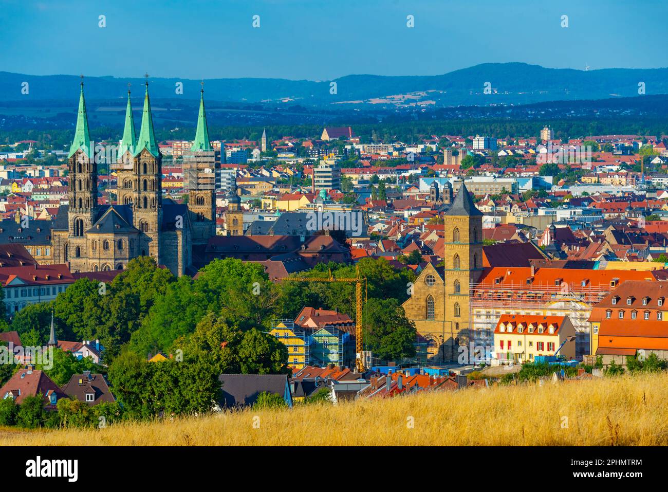 Panorama view of German town Bamberg with four spires of the cathedral ...