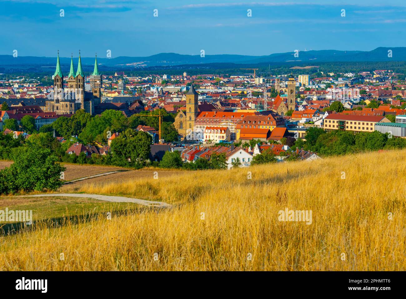 Panorama view of German town Bamberg with four spires of the cathedral ...