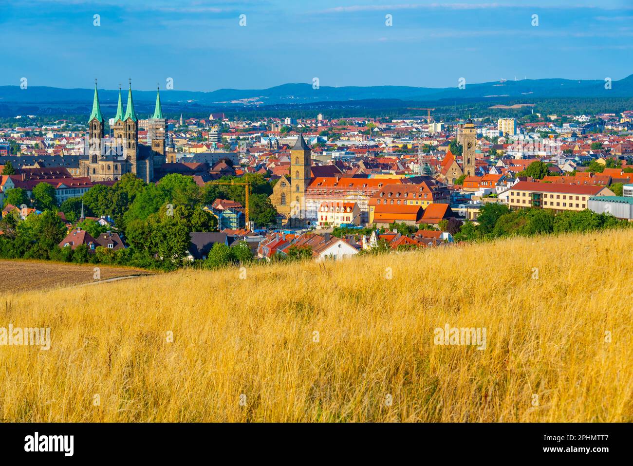 Panorama view of German town Bamberg with four spires of the cathedral ...
