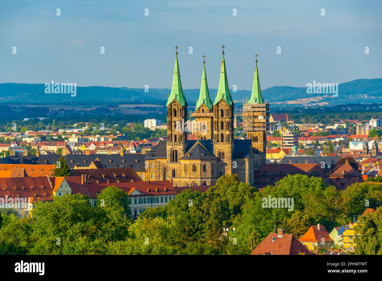 Panorama view of German town Bamberg with four spires of the cathedral ...