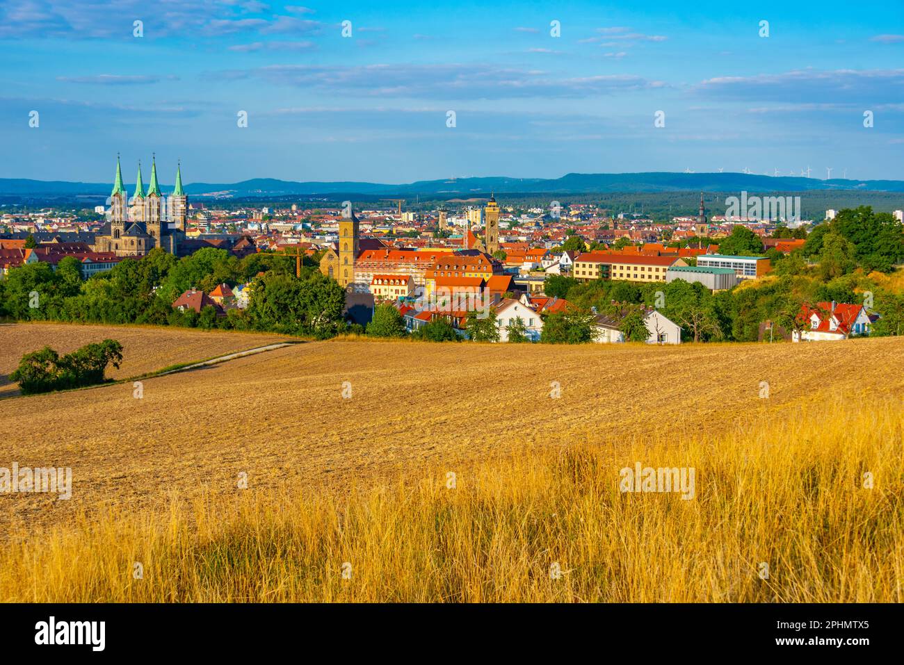 Panorama view of German town Bamberg with four spires of the cathedral ...