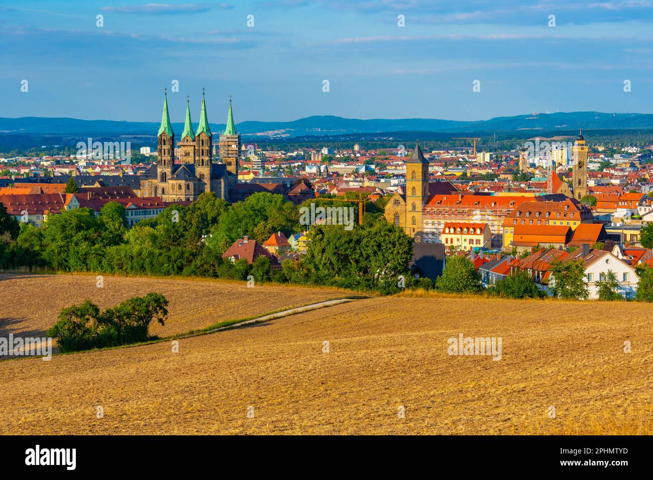 Panorama view of German town Bamberg with four spires of the cathedral ...