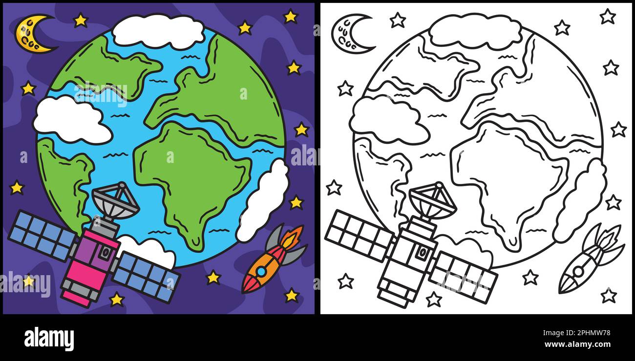 Space Satellite Coloring Page Colored Illustration Stock Vector Image ...
