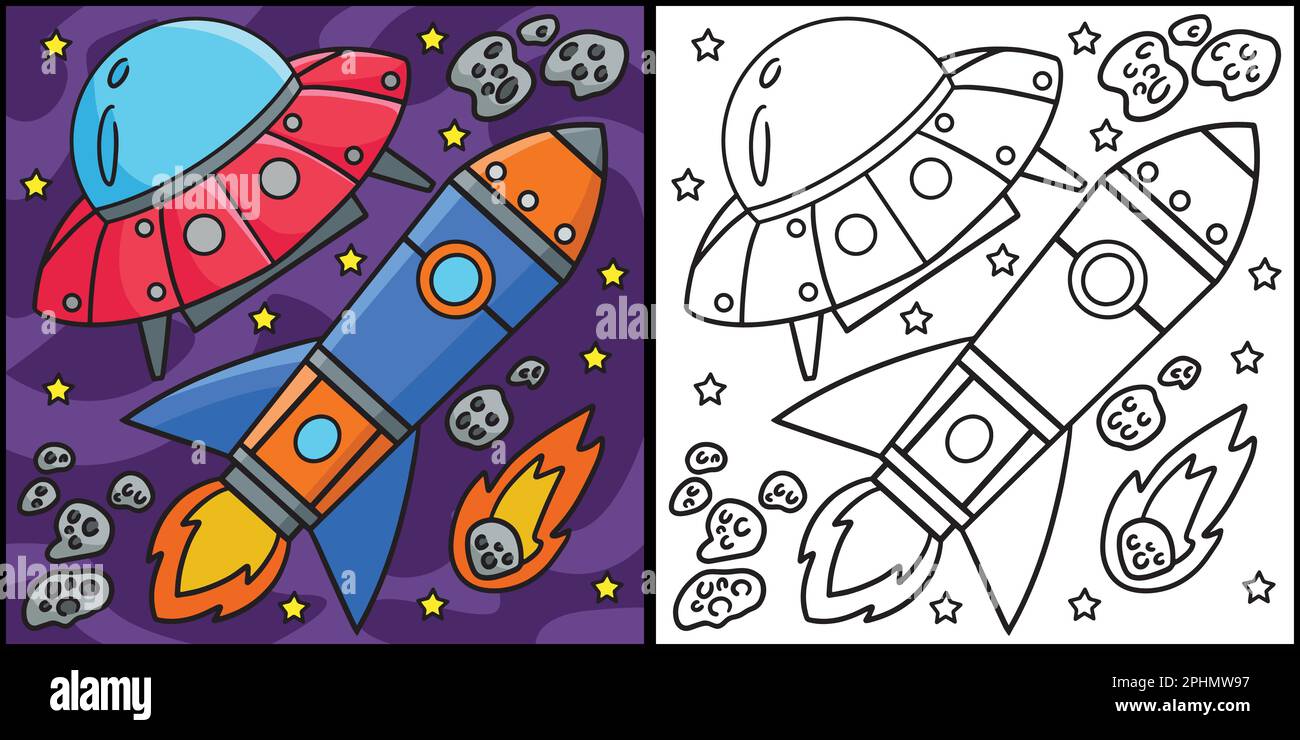 UFO and Rocket Ship In Space Coloring Illustration Stock Vector Image ...