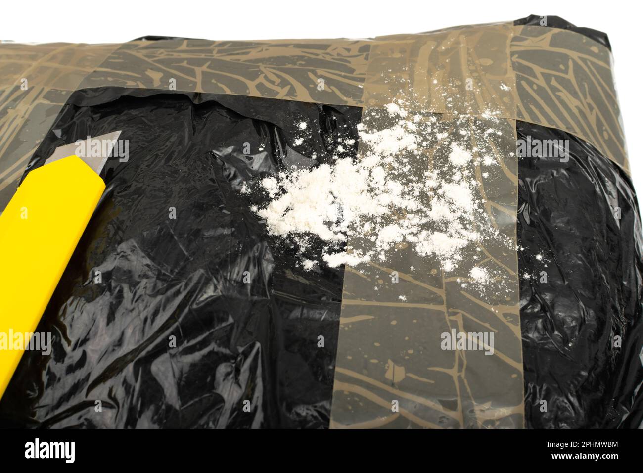 Seized drug bag with coccain powder. Drugs package, heroin bricks ...