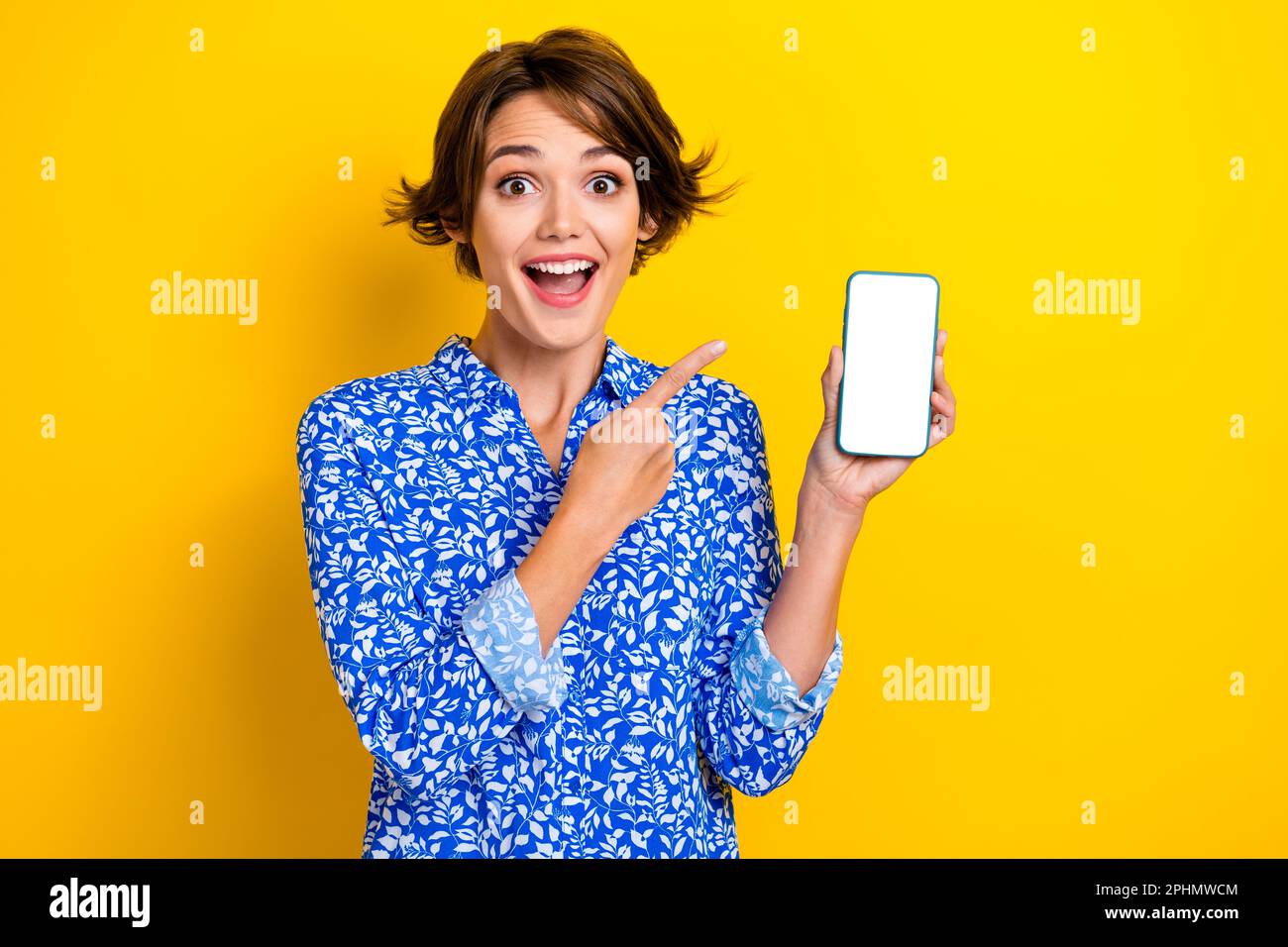 Photo of cheerful positive lady wear trendy clothes presenting qr code ...