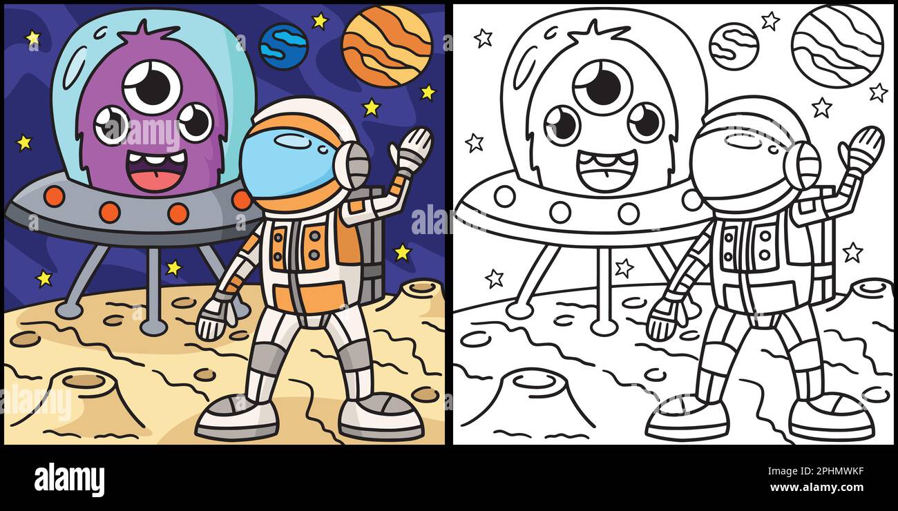Astronaut and UFO Coloring Page Illustration Stock Vector Image & Art ...