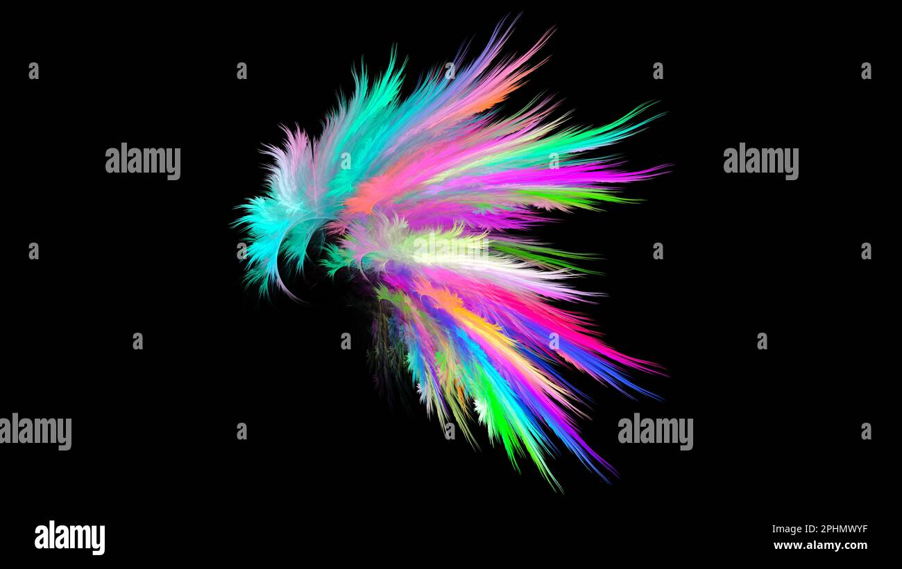 Abstract illustration with feather-like objects in colorful neon colors ...