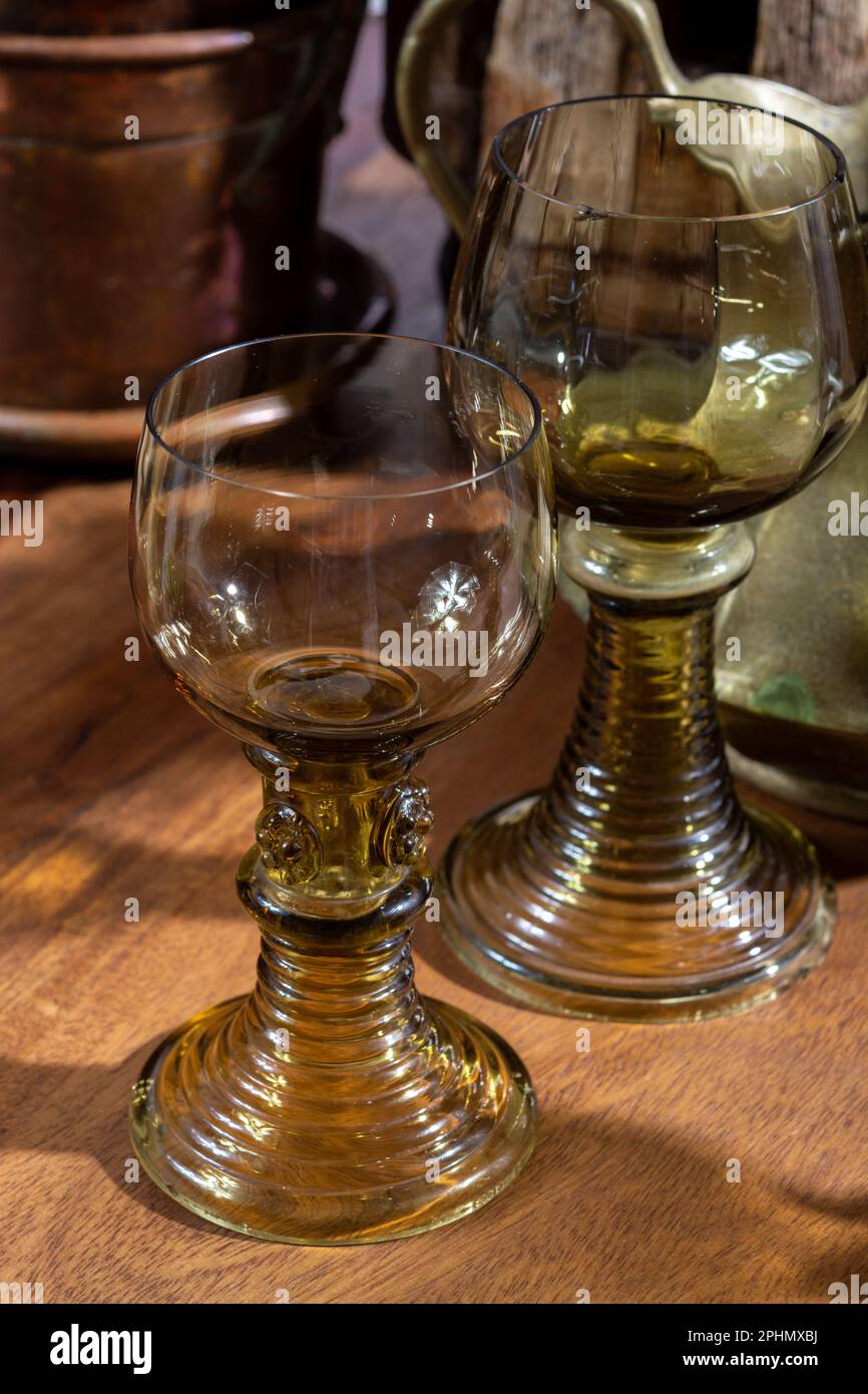 Emplty antique German glassware, old Dutch style rummer or roemer ...